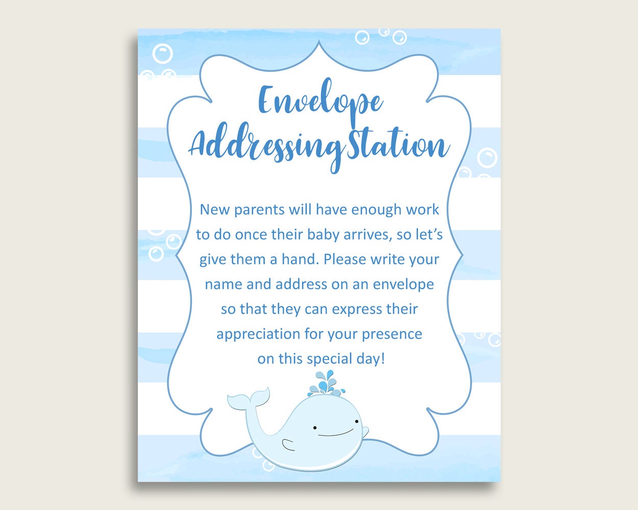 Blue White Baby Shower Address Sign Printable, Whale Envelope Station ...