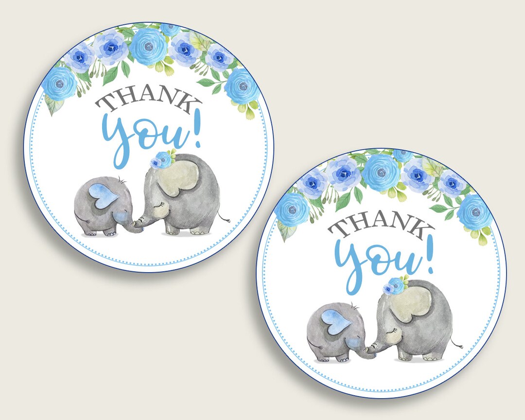 Elephant Blue Baby Shower Round Thank You Tags 2 Inch Printable, Blue ...
