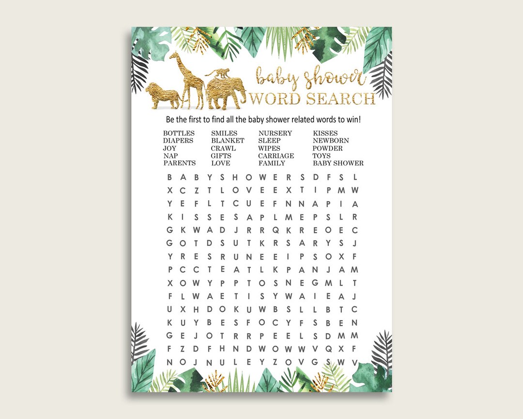 Jungle Word Search Game, Gold Green Baby Shower Word Search Cards ...