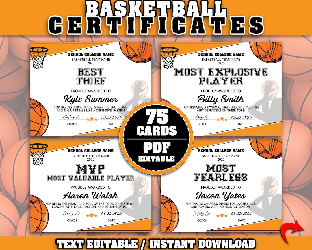 Editable Basketball Team Certificates, Printable Basketball Awards ...