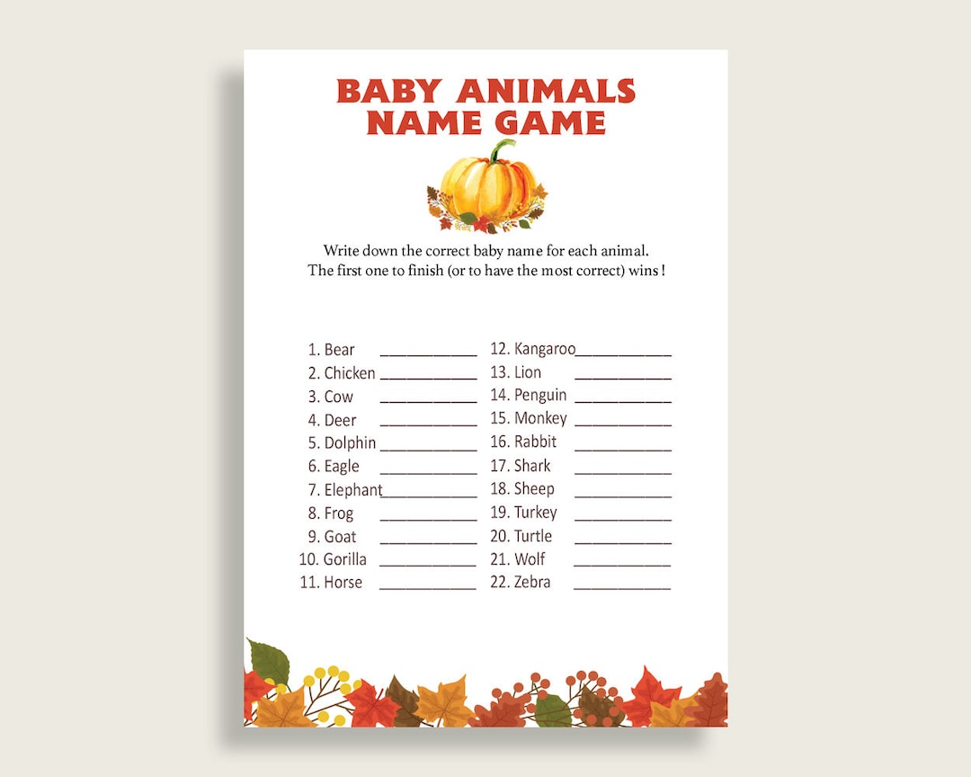 Fall Name the Baby Animals Game Printable, Orange Brown Baby Shower ...