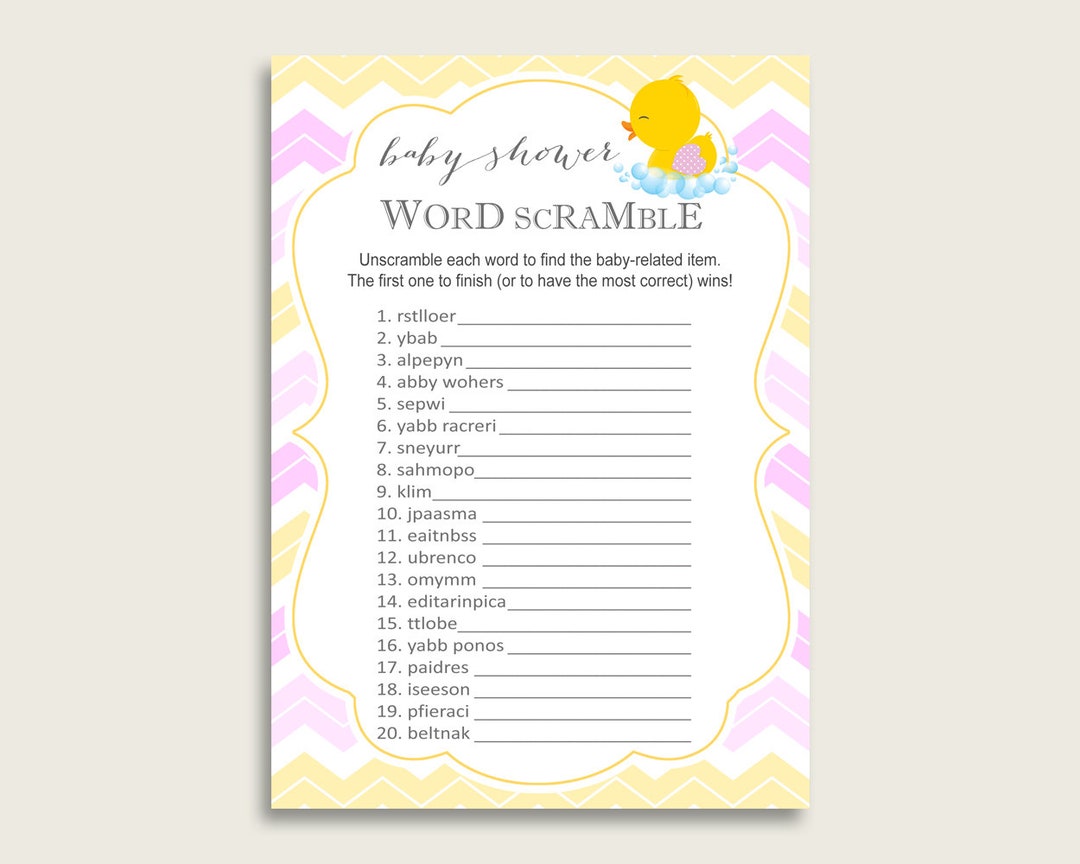 Girl Baby Shower Word Scramble Game Printable, Cute Rubber Ducky Yellow ...