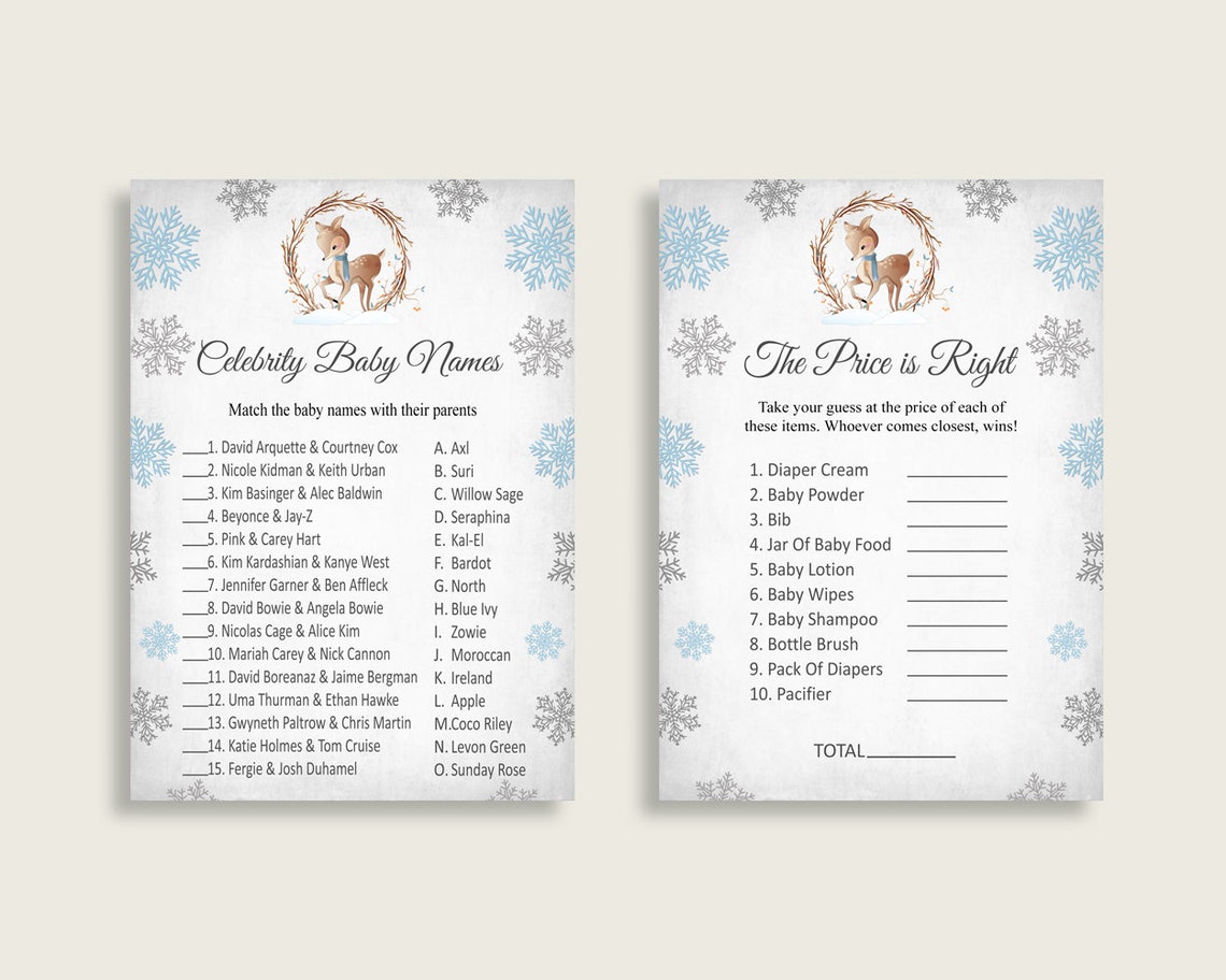 Winter Deer Baby Shower Games Printable Pack Gray Blue Baby - Etsy