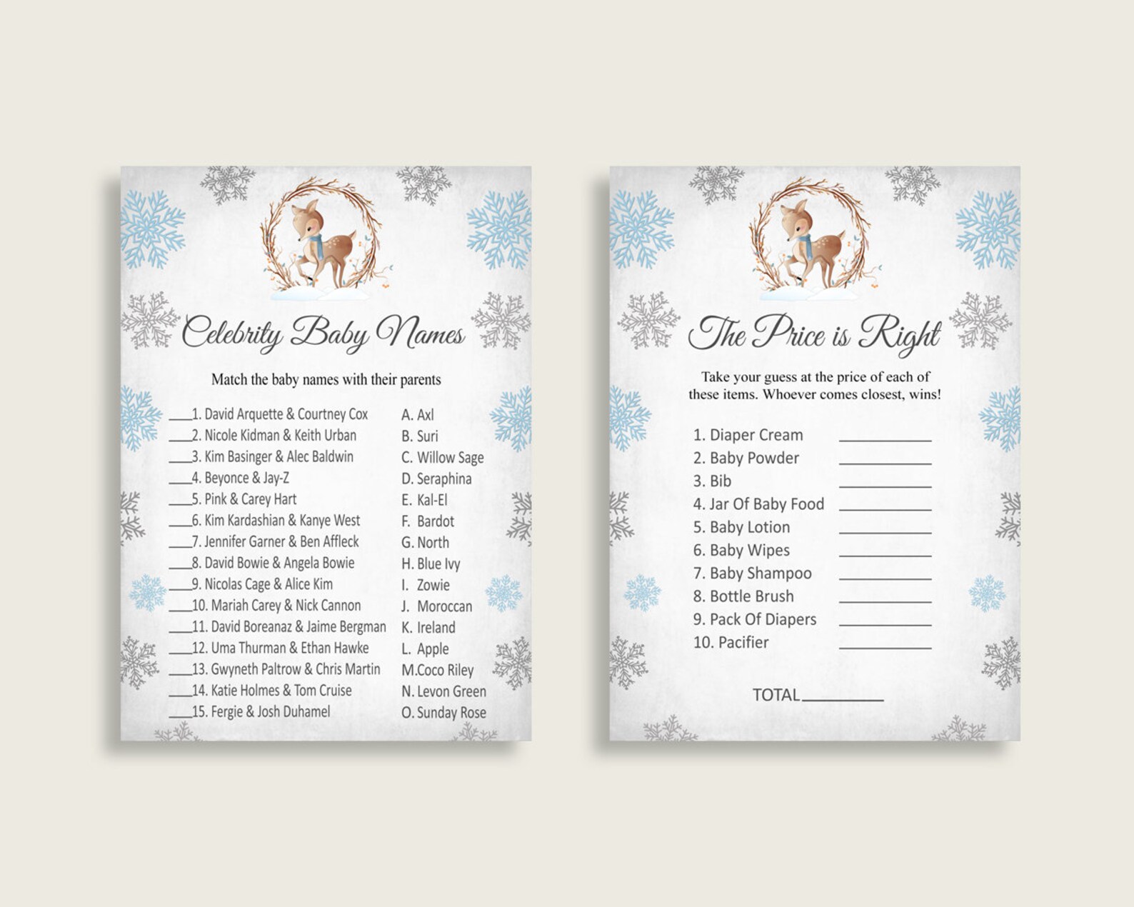 Winter Deer Baby Shower Games Printable Pack Gray Blue Baby - Etsy