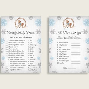 Winter Deer Baby Shower Games Printable Pack, Gray Blue Baby Shower ...