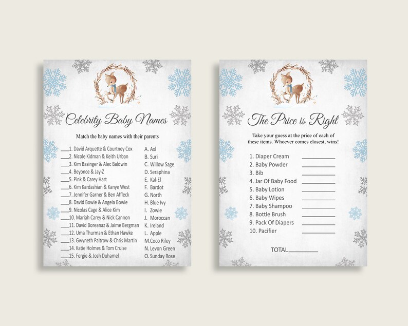Winter Deer Baby Shower Games Printable Pack Gray Blue Baby - Etsy