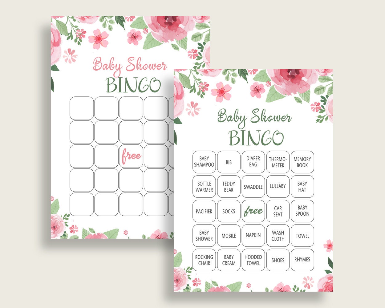 Watercolor Flowers Baby Shower Bingo Cards Printable, Pink Green Baby ...
