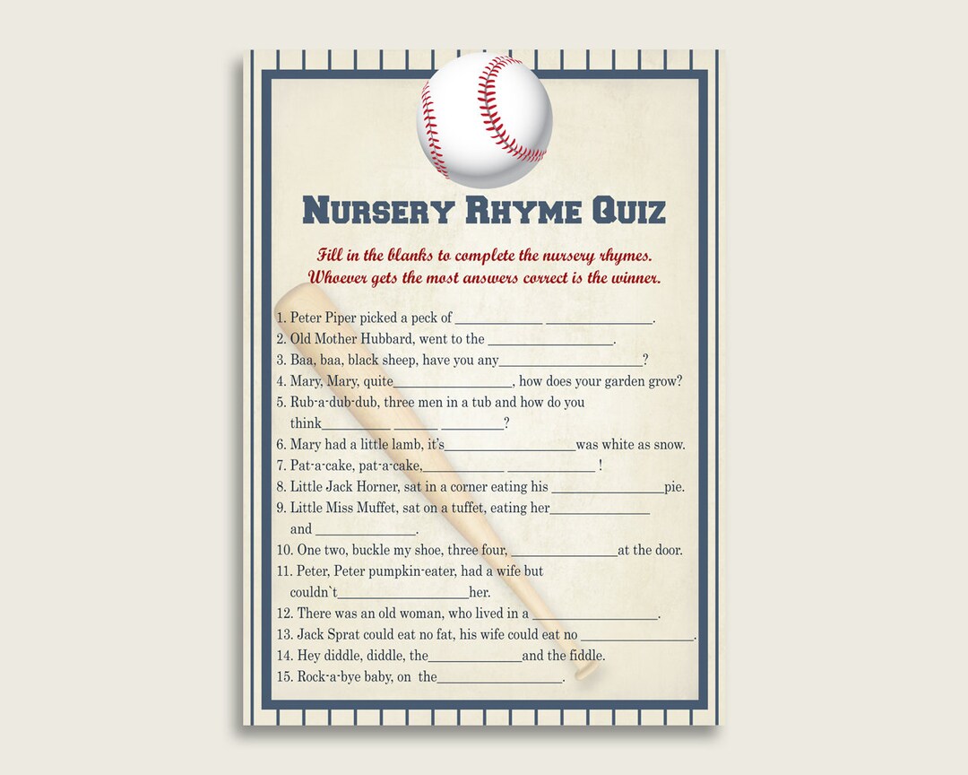 Baseball Nursery Rhyme Quiz Printable, Blue Beige Nursery Rhyme Game ...
