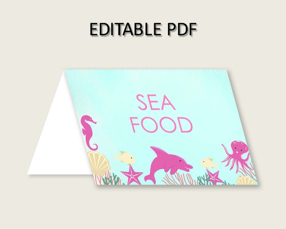 Under The Sea Folded Food Tent Cards Printable, Pink Green Editable Pdf ...