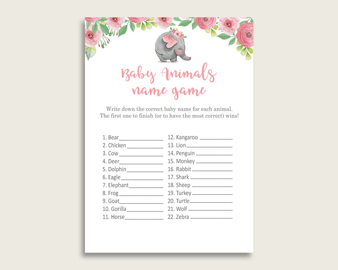 Pink Elephant Name the Baby Animals Game Printable, Pink Grey Baby ...