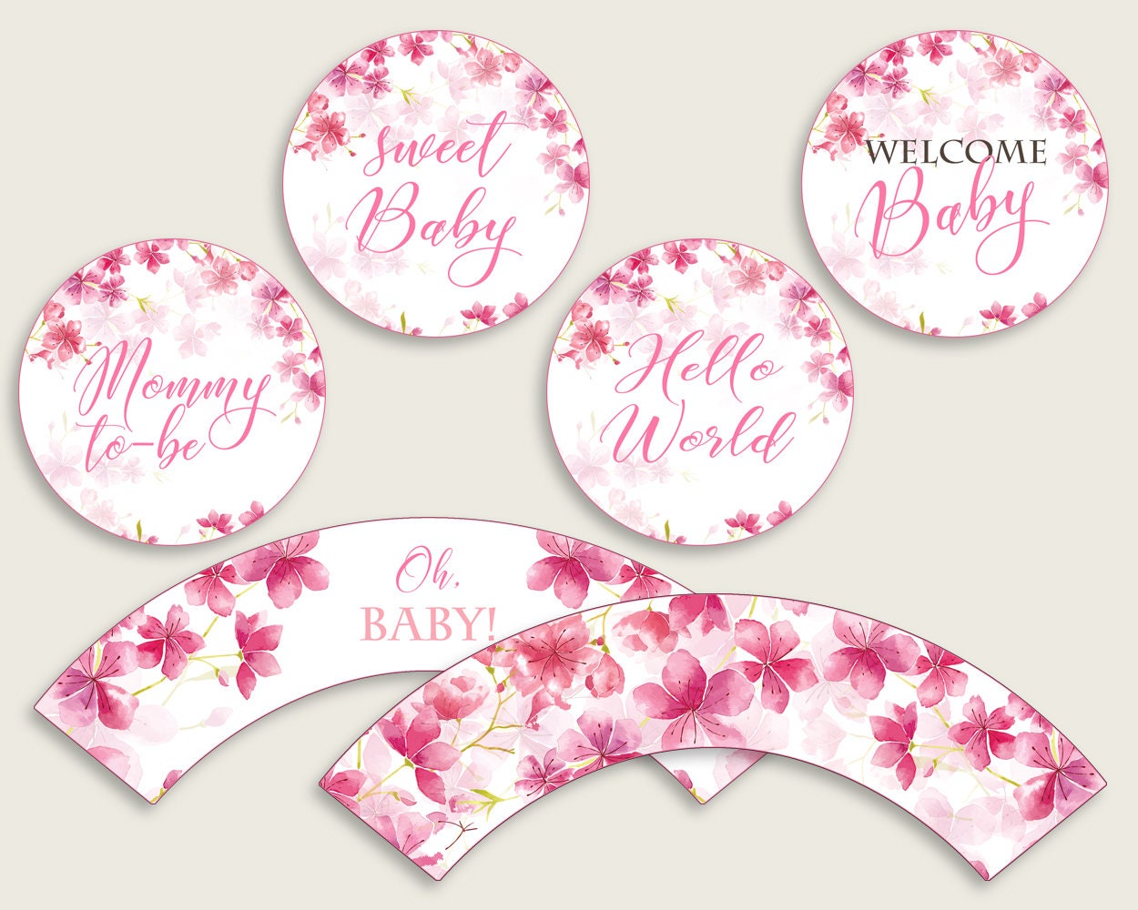 Cherry Blossom Cupcake Toppers Pink White Cupcake Wrappers - Etsy