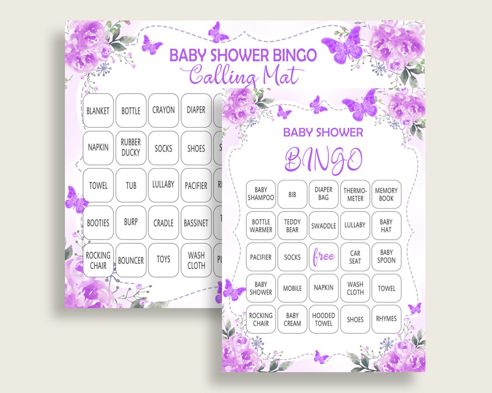 Butterfly Baby Shower Bingo Cards Printable, Purple White Baby Shower ...