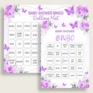 Butterfly Baby Shower Bingo Cards Printable, Purple White Baby Shower ...