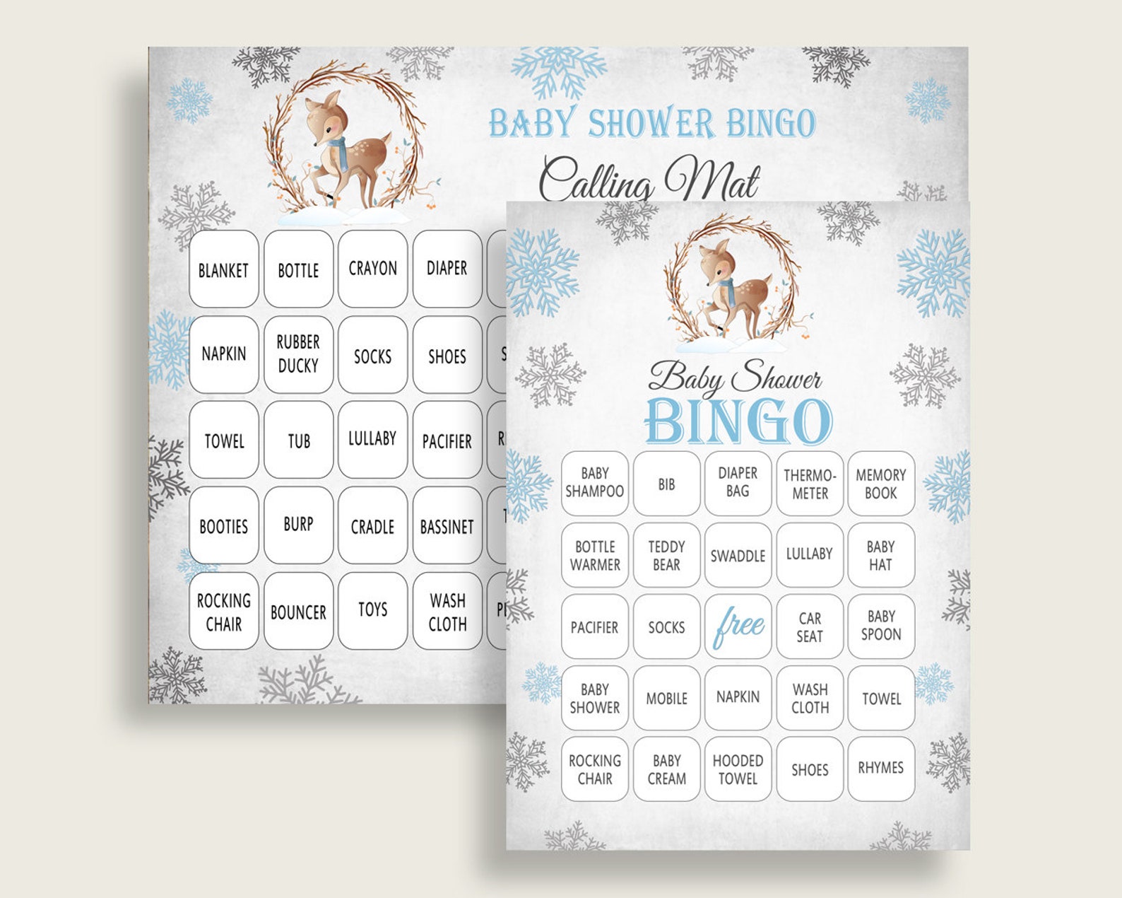 Winter Deer Baby Shower Bingo Cards Printable, Gray Blue Baby Shower ...