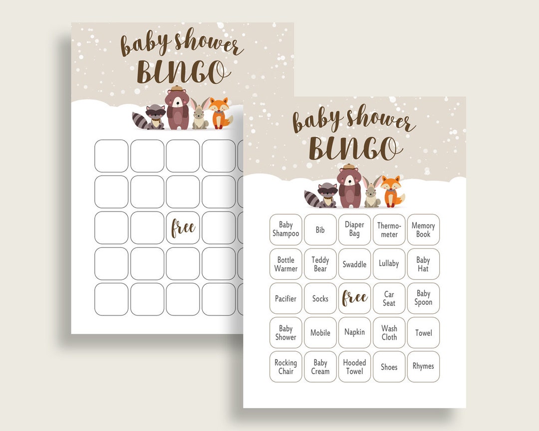 Winter Woodland Baby Shower Bingo Cards Printable, Beige Brown Baby ...