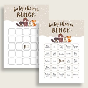 Winter Woodland Baby Shower Bingo Cards Printable, Beige Brown Baby ...