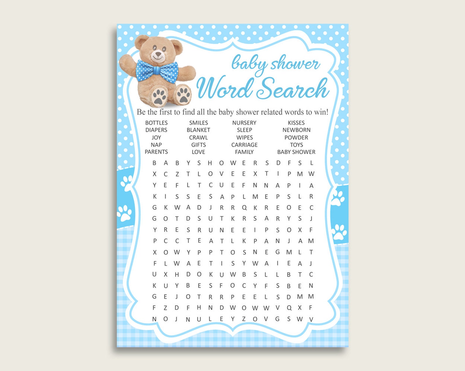 Teddy Bear Word Search Game, Blue Brown Baby Shower Word Search Cards ...