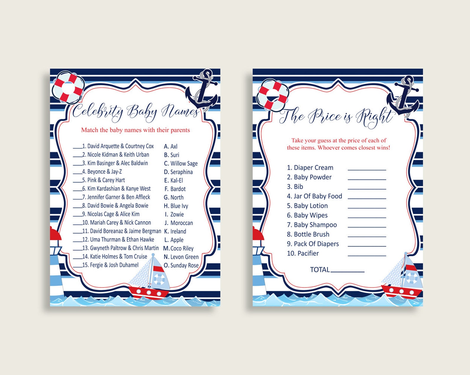 Nautical Baby Shower Games Printable Pack Blue Red Baby | Etsy