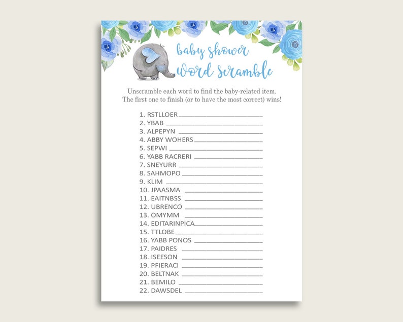 Boy Baby Shower Word Scramble Game Printable, Cute Elephant Blue Blue ...