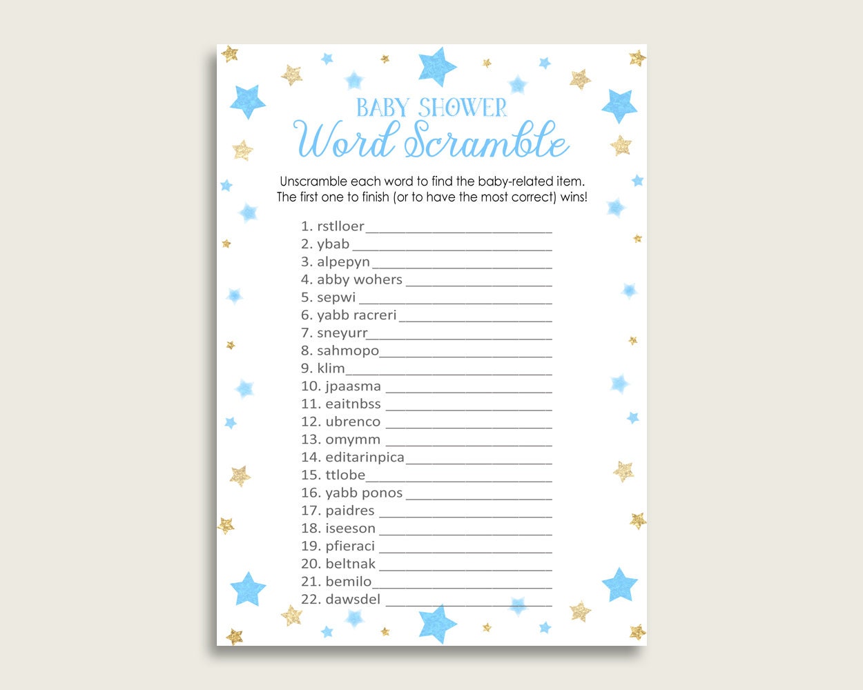Boy Baby Shower Word Scramble Game Printable, Cute Stars Blue Gold Word ...