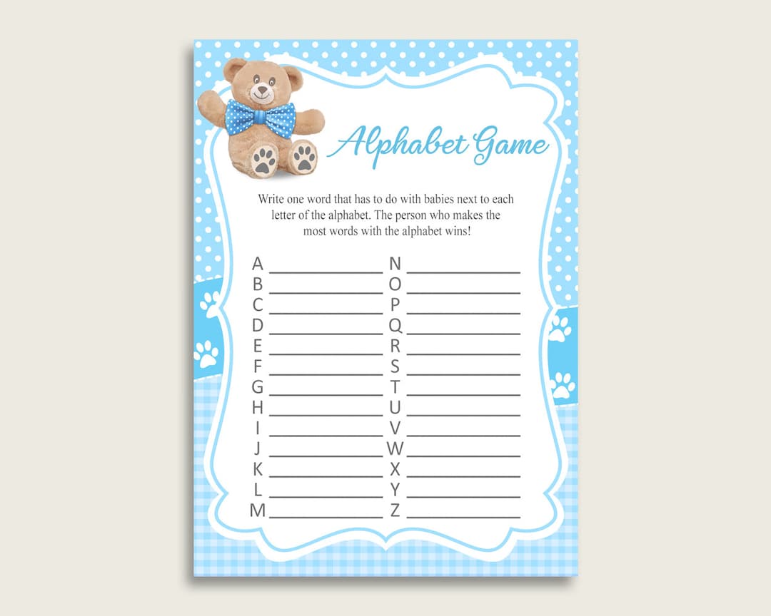Blue Brown Alphabet Baby Shower Boy Game, Teddy Bear A-Z Guessing Baby ...