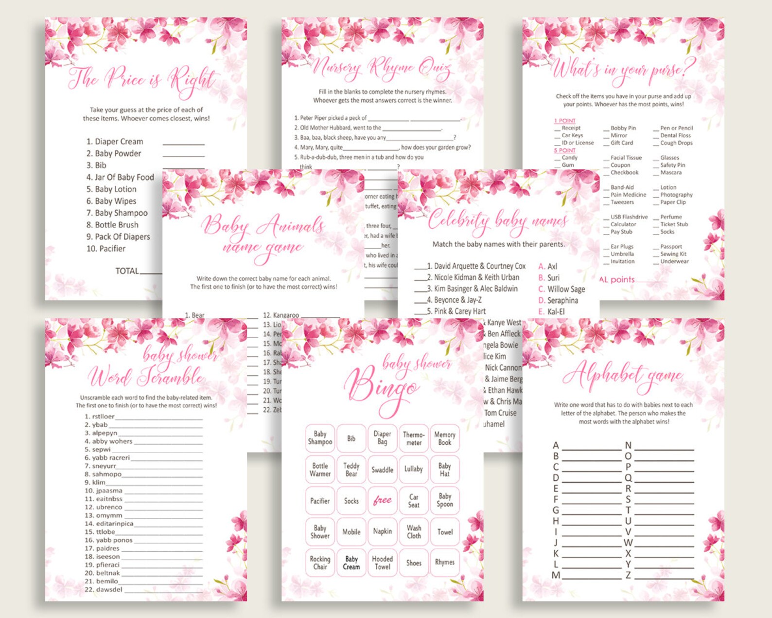 Cherry Blossom Baby Shower Games Printable Pack, Pink White Baby Shower ...