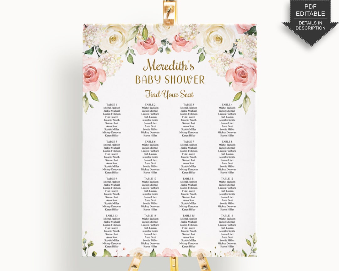Pink White Table Seating Chart Sign Printable, Seating Chart Board ...