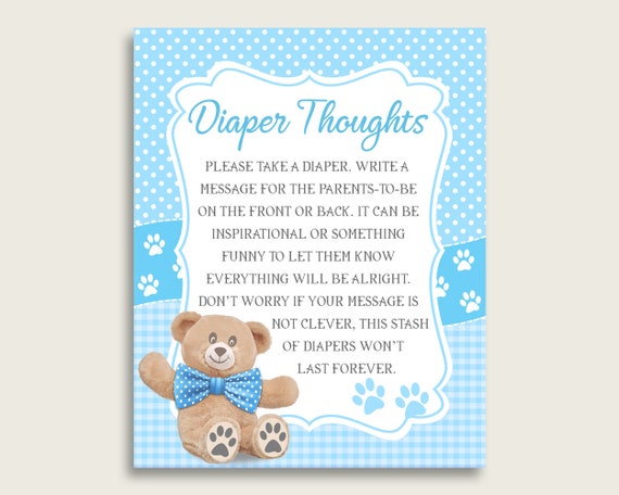 Teddy Bear Baby Shower Diaper Thoughts Printable, Boy Blue Brown Late ...