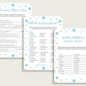 Stars Baby Shower Games Printable Pack, Blue Gold Baby Shower Games ...