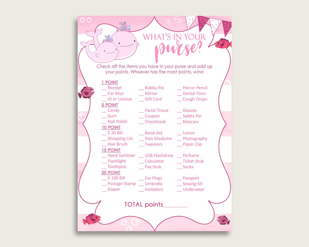 Whats in Your Purse Baby Shower Whats in Your Purse Pink Whale Baby ...
