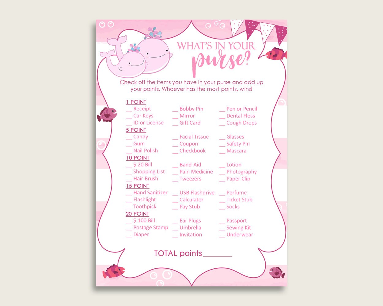 Whats in Your Purse Baby Shower Whats in Your Purse Pink Whale - Etsy