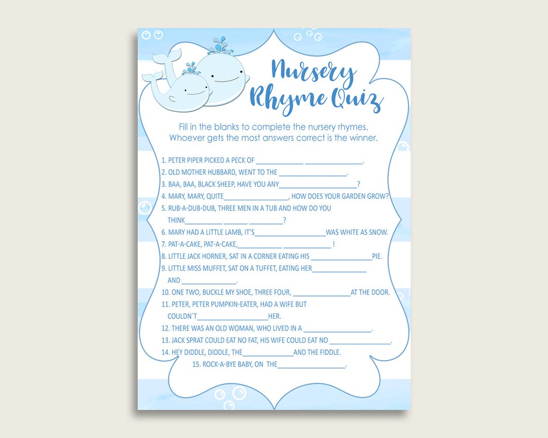 Whale Nursery Rhyme Quiz Printable, Blue White Nursery Rhyme Game, Blue ...