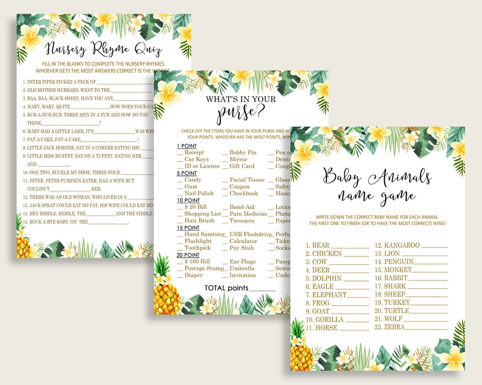 Tropical Baby Shower Games Printable Pack Green Yellow Baby - Etsy