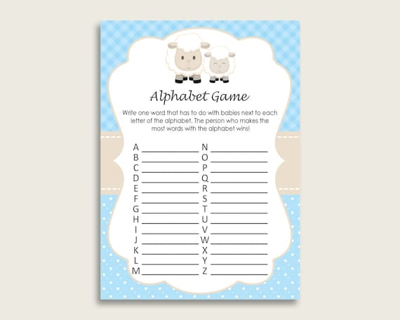 Blue White Alphabet Baby Shower Boy Game, Little Lamb A-Z Guessing Baby ...