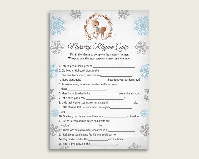 Winter Deer Nursery Rhyme Quiz Printable, Gray Blue Nursery Rhyme Game ...