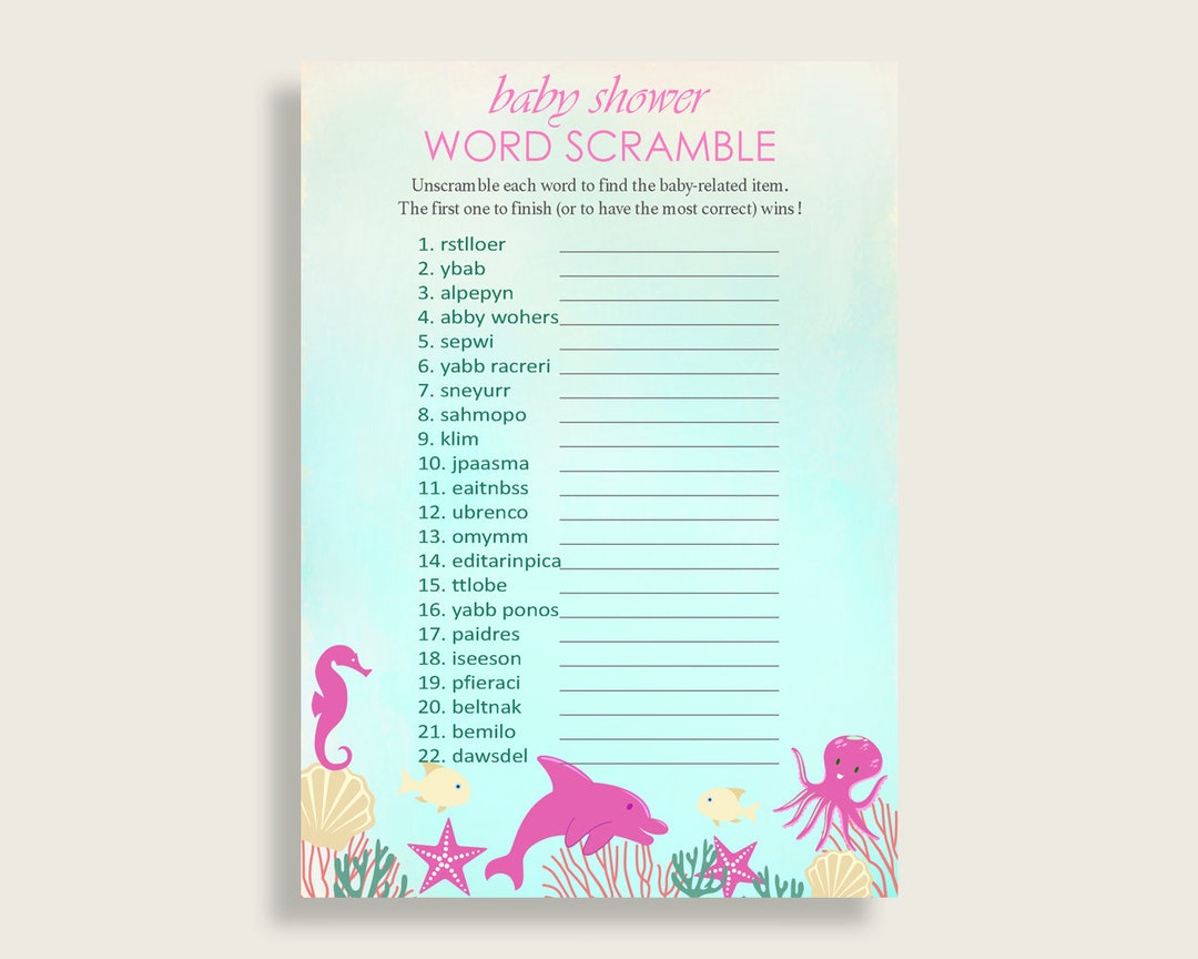 Girl Baby Shower Word Scramble Game Printable, Cute Under the Sea Pink ...
