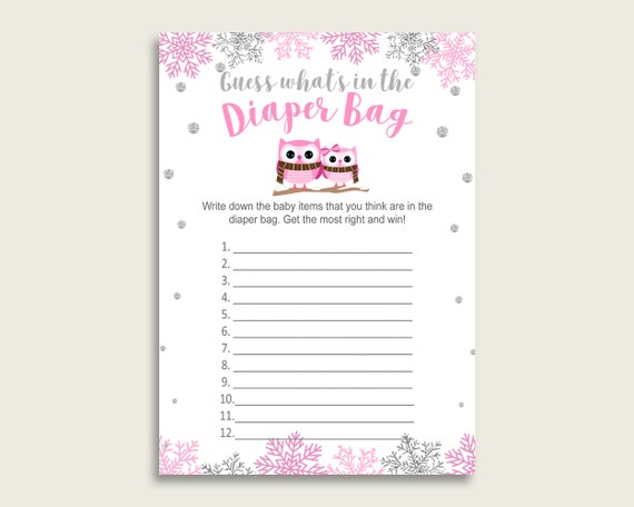 Winter Owl Guess What's In The Diaper Bag Game, Girl Baby Shower Pink ...