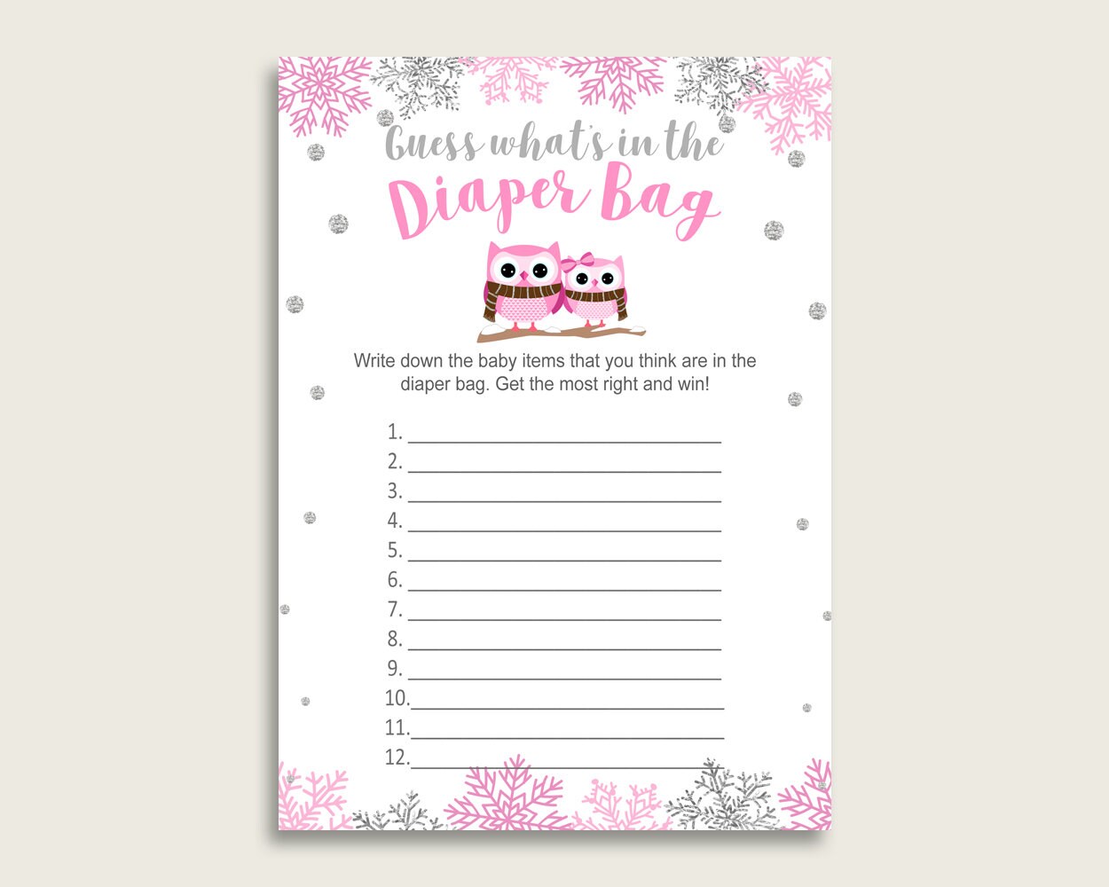Winter Owl Guess What's in the Diaper Bag Game, Girl Baby Shower Pink ...