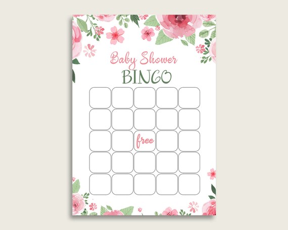Pink Green Baby Shower Bingo Blank Game Printable, Watercolor Flowers ...