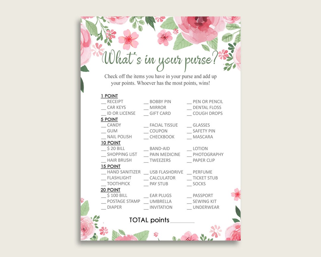Watercolor Flowers What's in Your Purse Game Printable, Pink Green ...