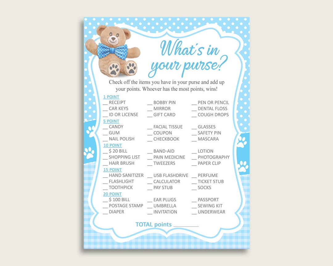 Teddy Bear What's in Your Purse Game Printable, Blue Brown Whats in ...