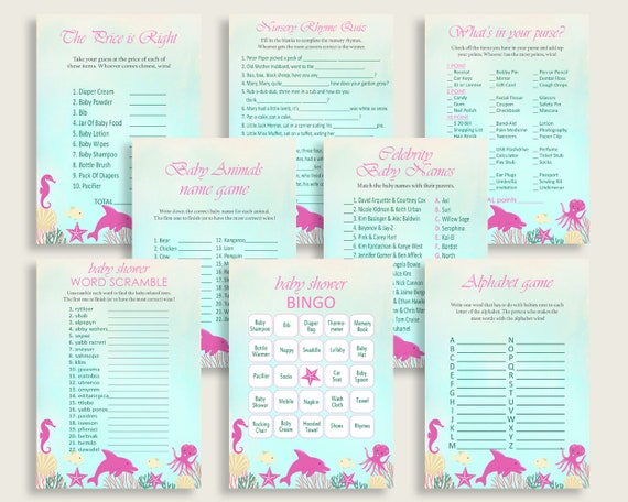 Under The Sea Baby Shower Games Printable Pack, Pink Green Baby Shower ...