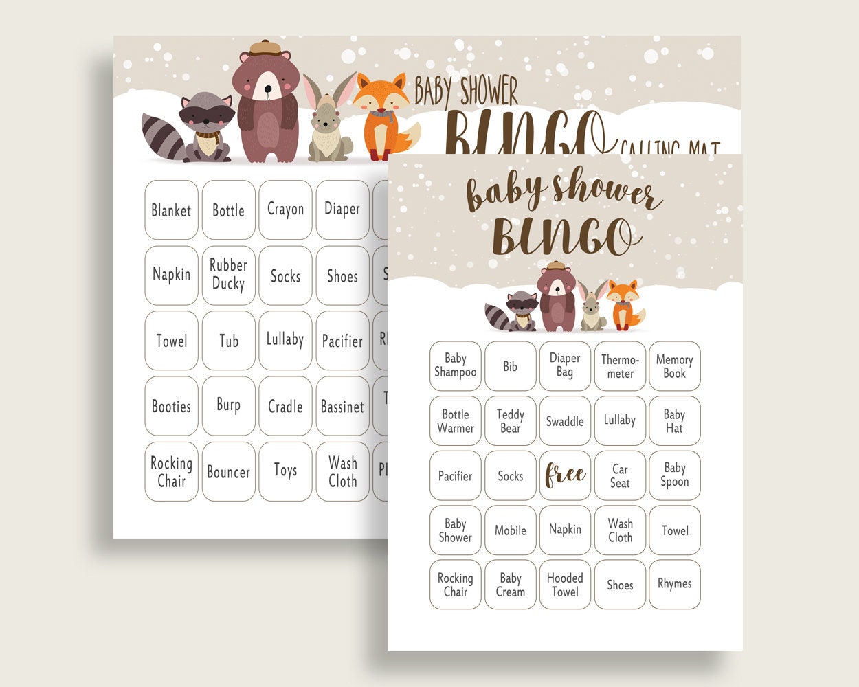 Winter Woodland Baby Shower Bingo Cards Printable Beige Brown - Etsy