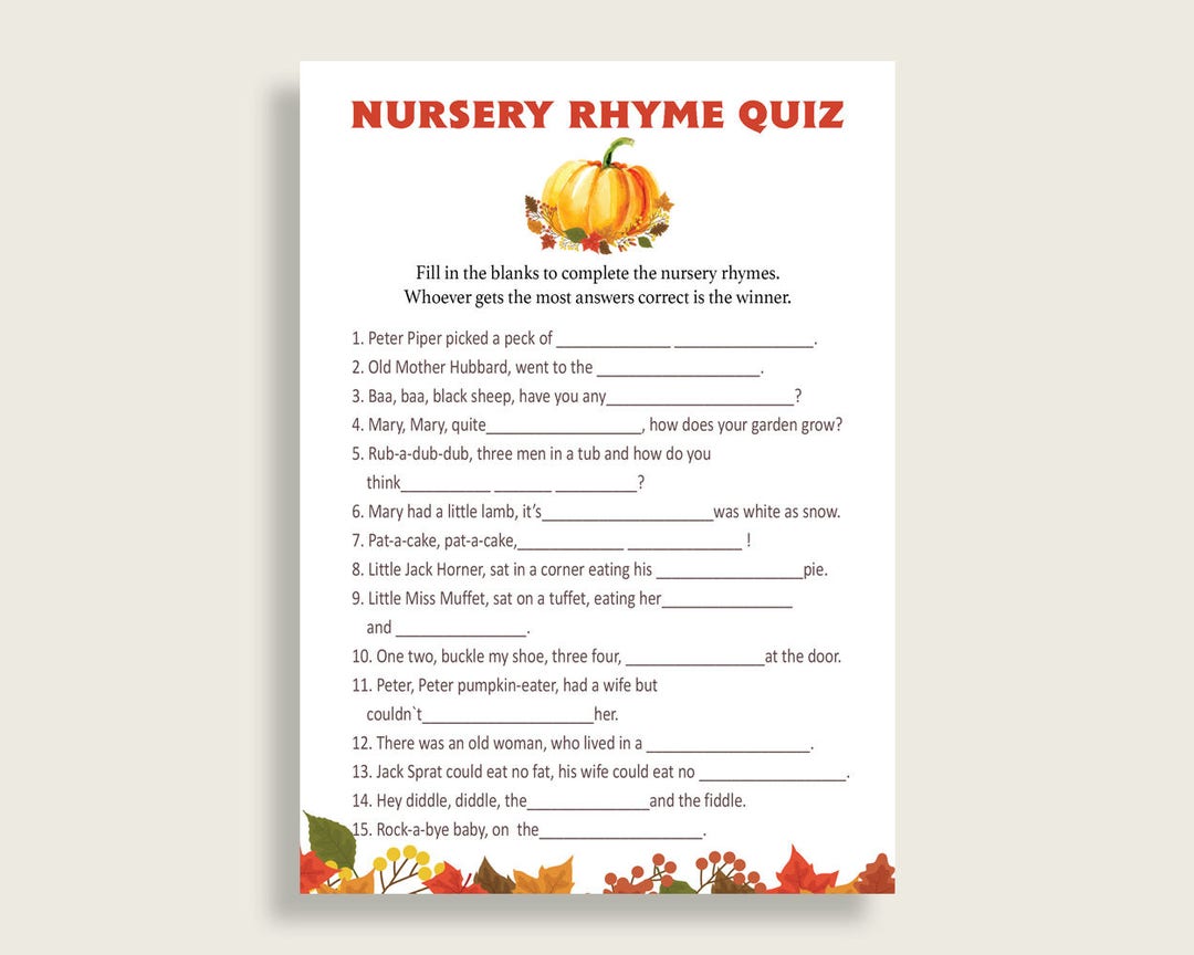 Fall Nursery Rhyme Quiz Printable, Orange Brown Nursery Rhyme Game ...