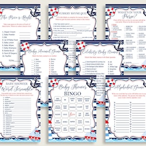 Nautical Baby Shower Games Printable Pack, Blue Red Baby Shower Games ...