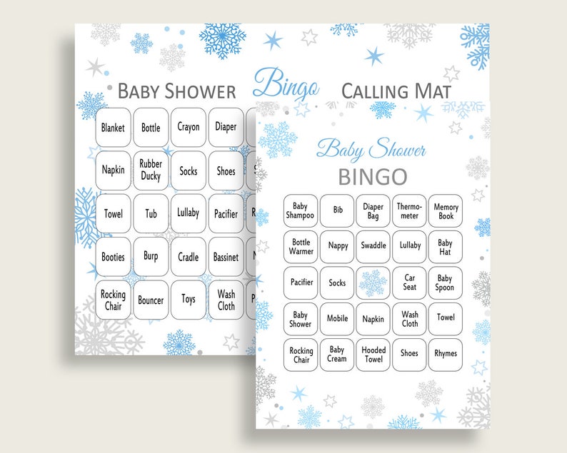 Bingo Baby Shower Bingo Snowflake Baby Shower Bingo Blue Gray Baby ...