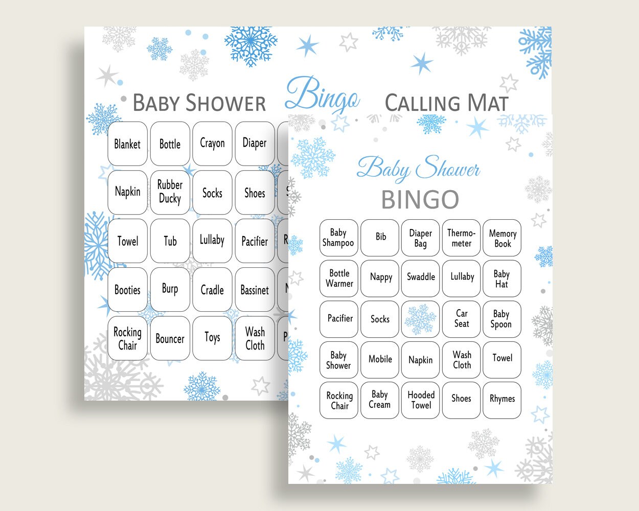 Bingo Baby Shower Bingo Snowflake Baby Shower Bingo Blue Gray Baby ...