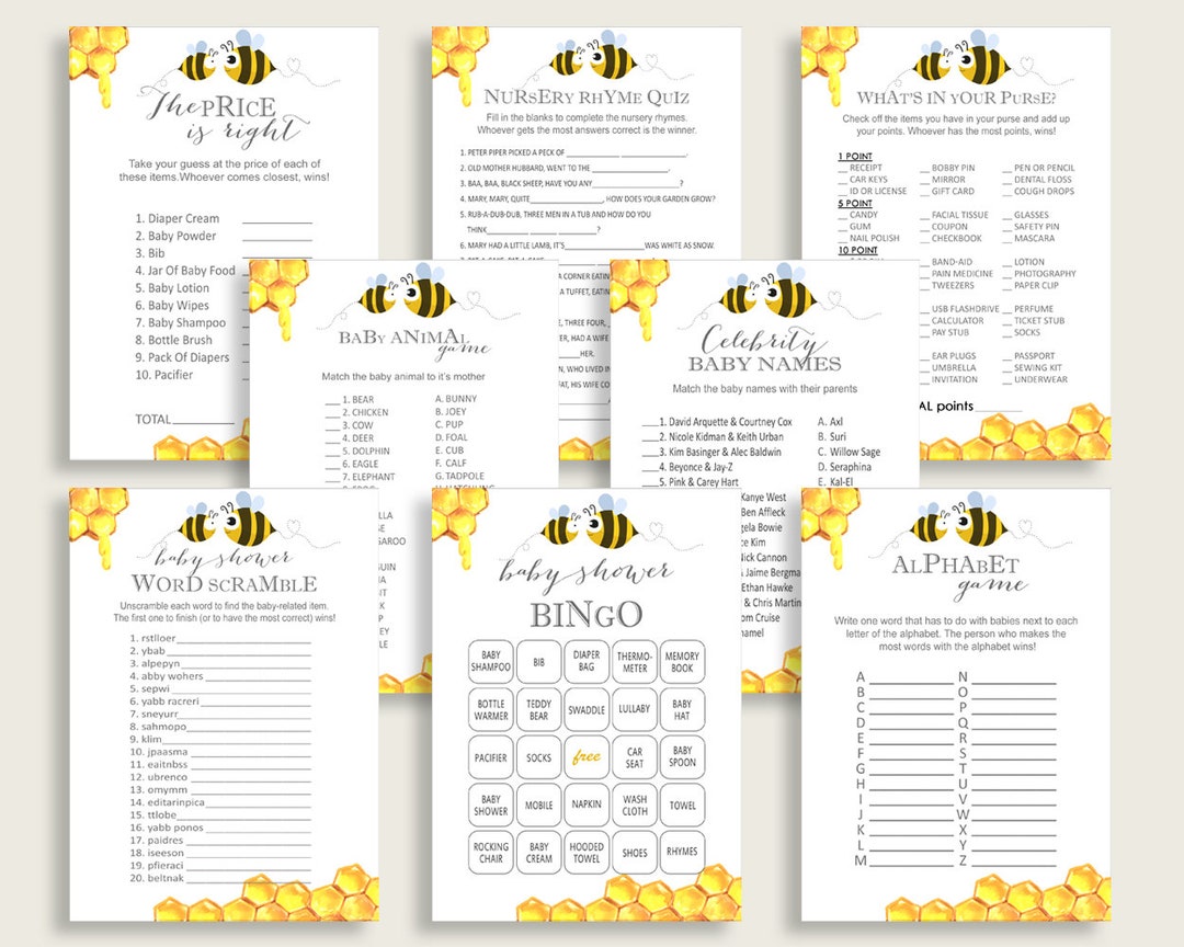 Bee Baby Shower Games Printable Pack, Yellow White Baby Shower Games ...