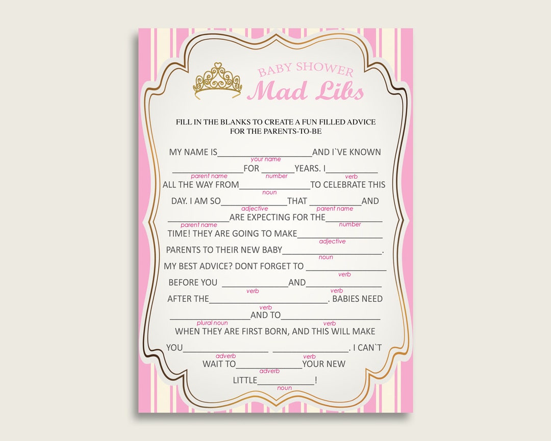 Pink Gold Mad Libs Baby Shower Girl Game Printable, Royal Princess Mad ...