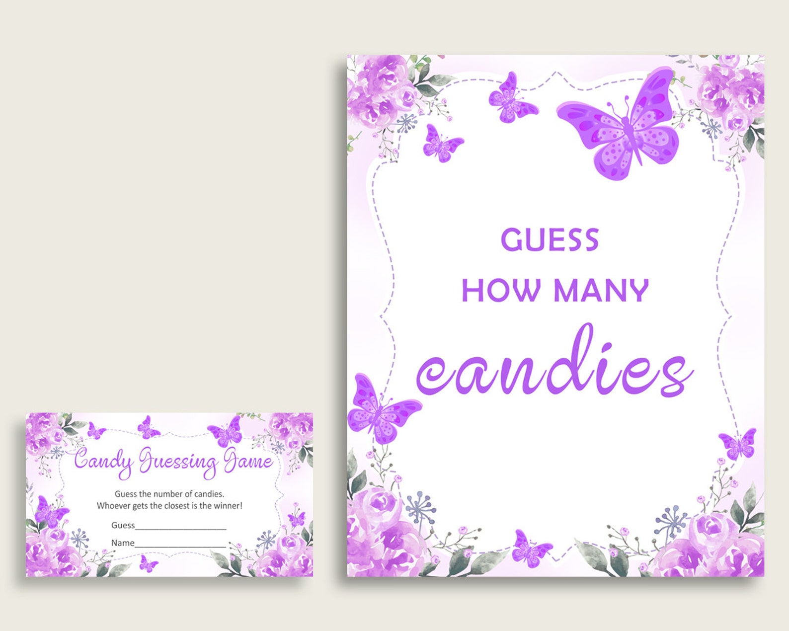 Purple White Candy Guessing Game, Butterfly Baby Shower Girl Sign and ...